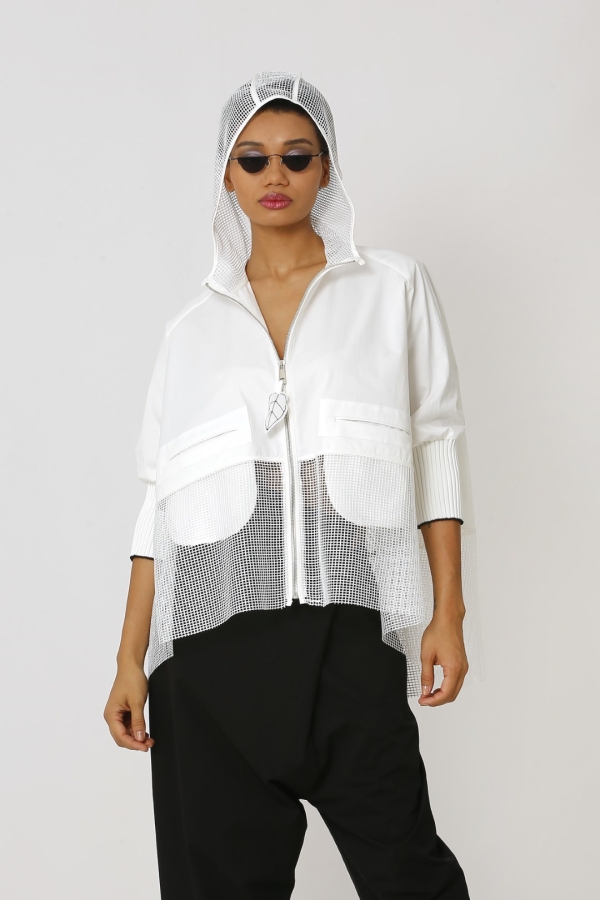 Mesh Hooded Coat - Ecru