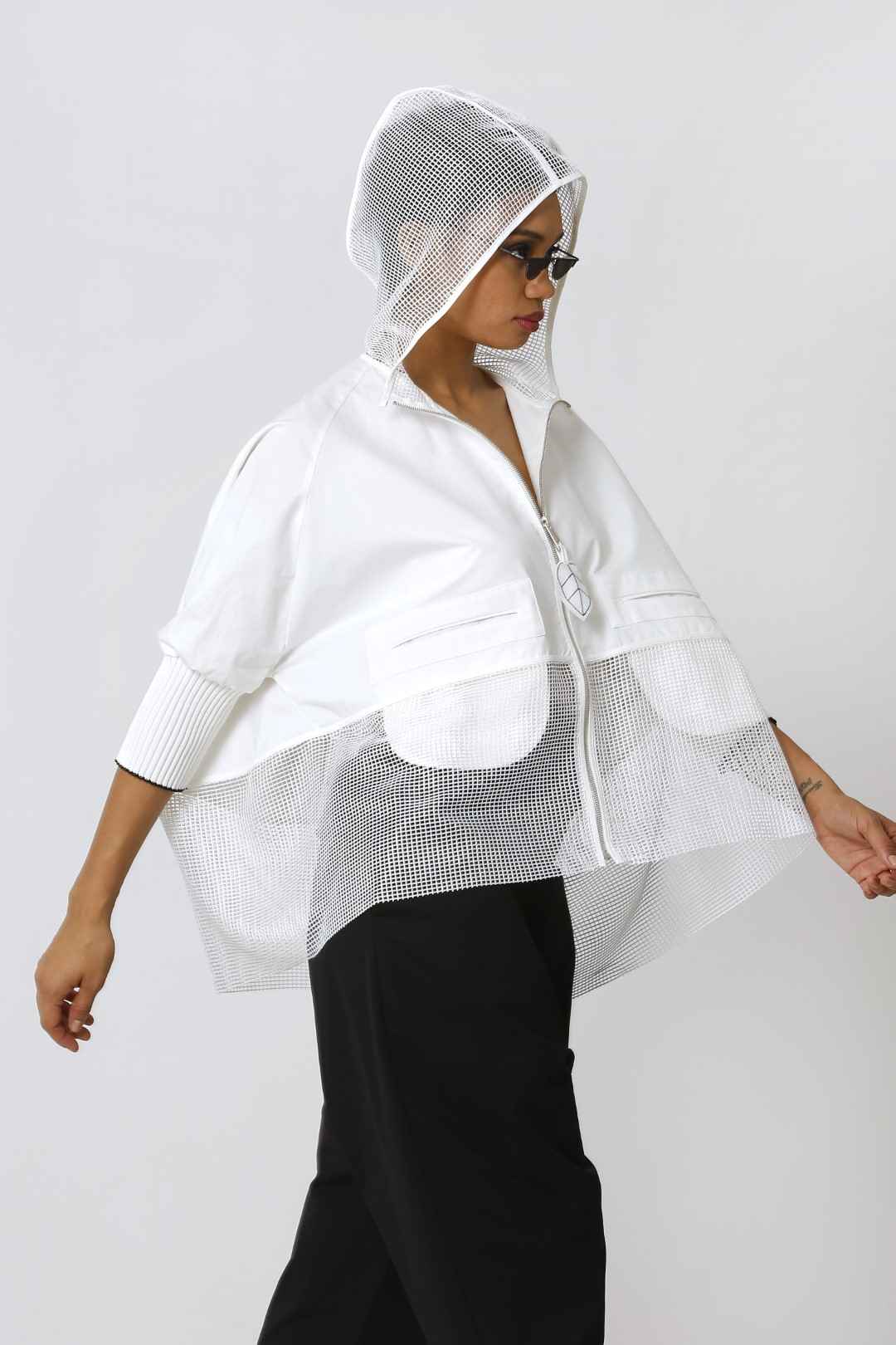 Mesh Hooded Coat - Ecru