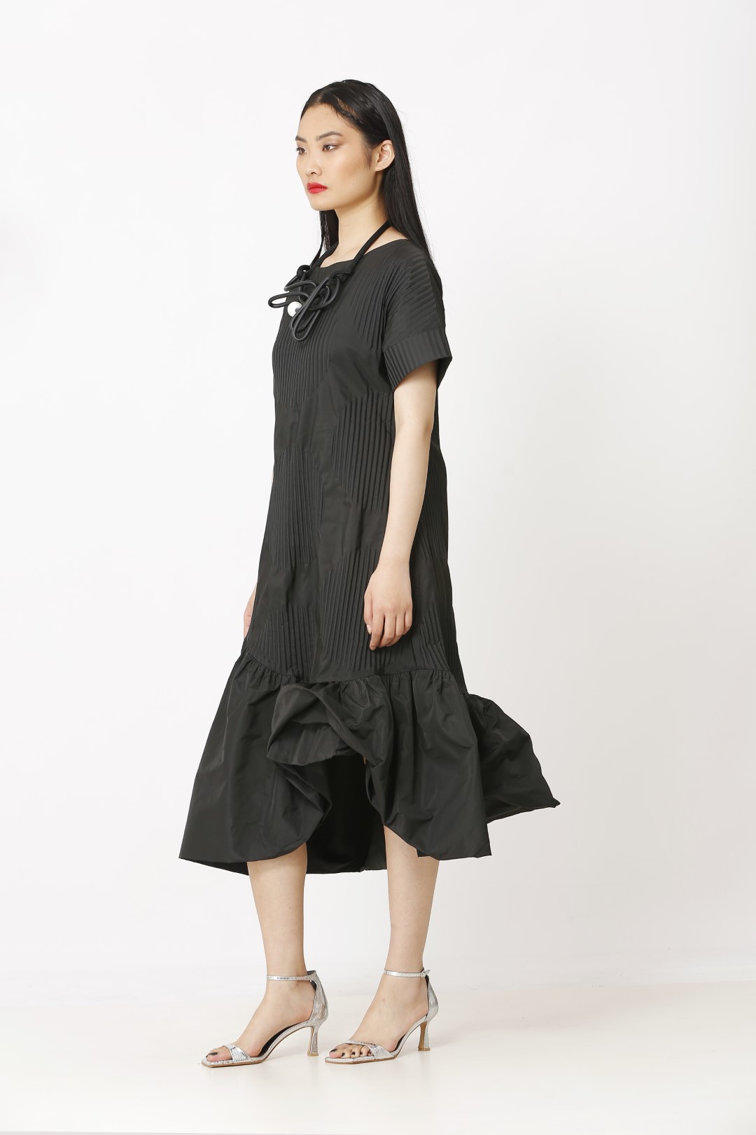Pleated Patterned Dress - Black